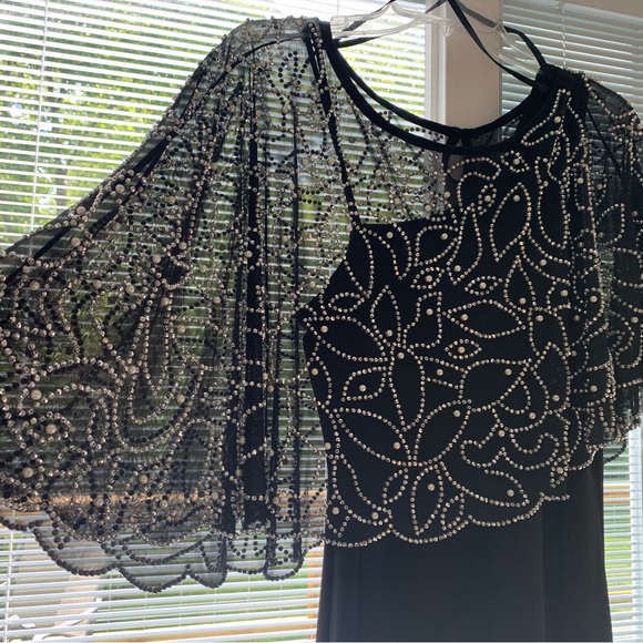 Dresses | Beautiful Black Gown With Beaded Overlay Cape | Poshmark